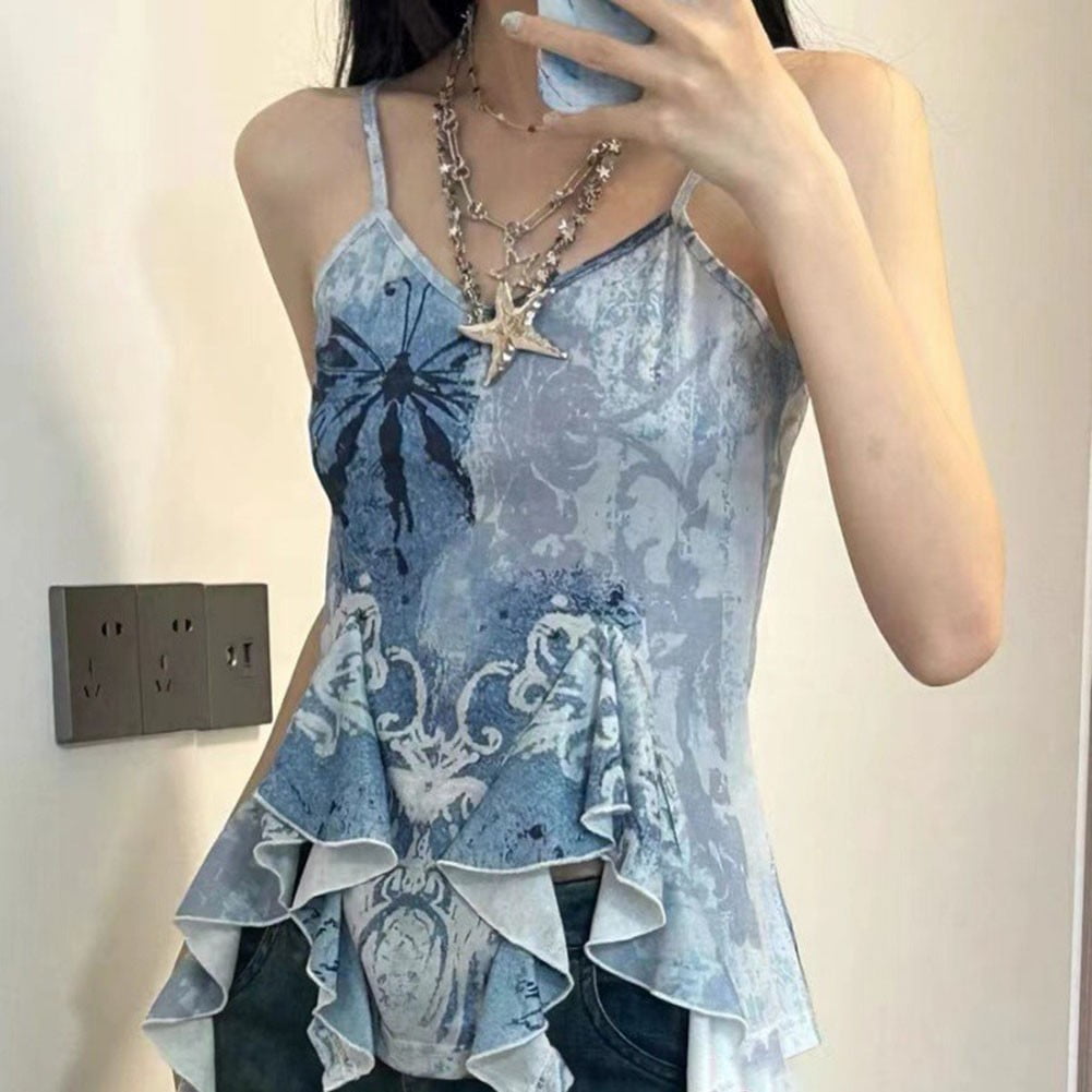 Irregular Hem Slim Fit Blue Rendering Element Camisole - Walmart.com