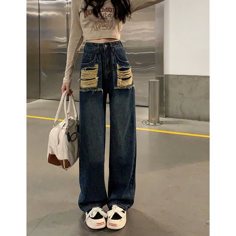 Irregular Ripped American-Style Vintage High-Waist Jeans - Walmart.com