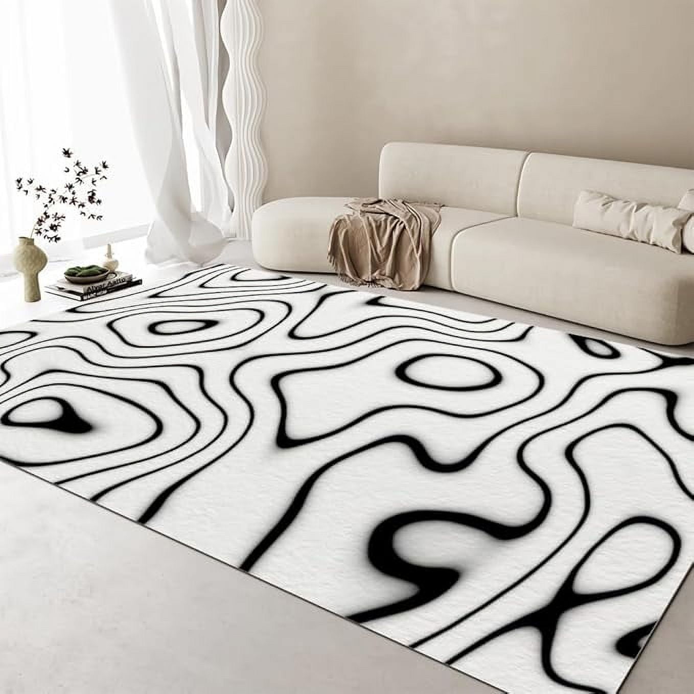 Irregular Shaped Wave Area Rug, Abstract Illusion Rug, Black Lines Home ...