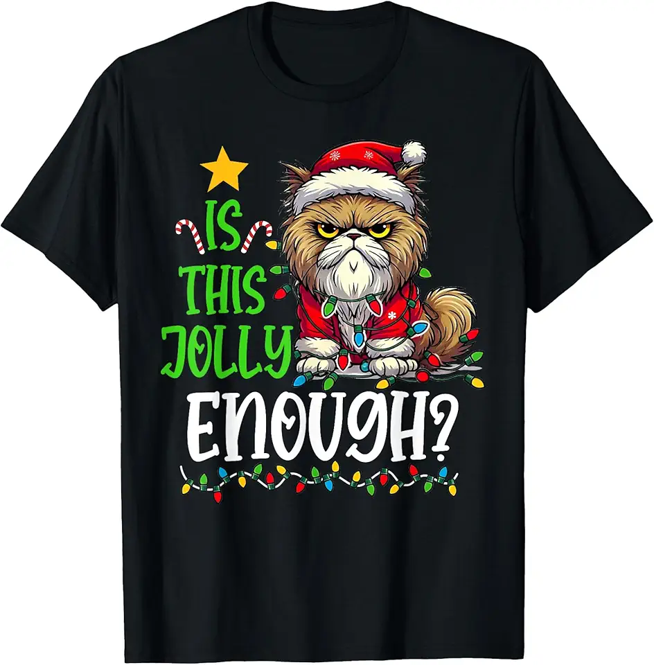 Is This Jolly Enough Christmas Cat Funny Santa Hat Women Men T-Shirt ...