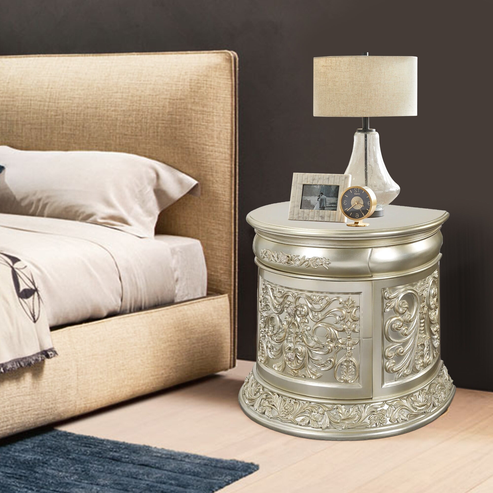Isa 32 Inch Classic Nightstand, 2 Drawers, Ornate Carvings, Wood, Gold ...