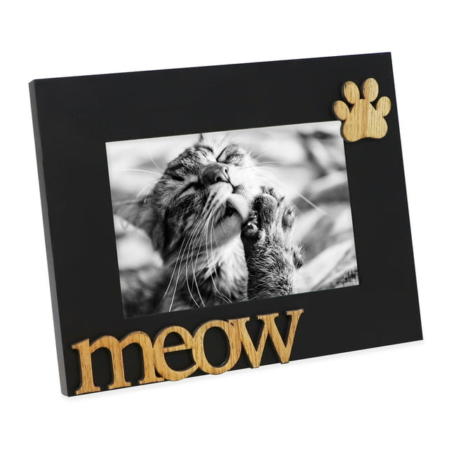 Isaac Jacobs 4x6 Black Cat “Meow” Picture Frame for Tabletop Display ...