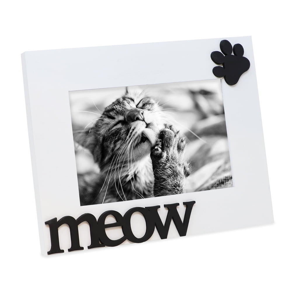 Isaac Jacobs 4x6 White Wood Cat “Meow” Tabletop Picture Frame - Walmart.com