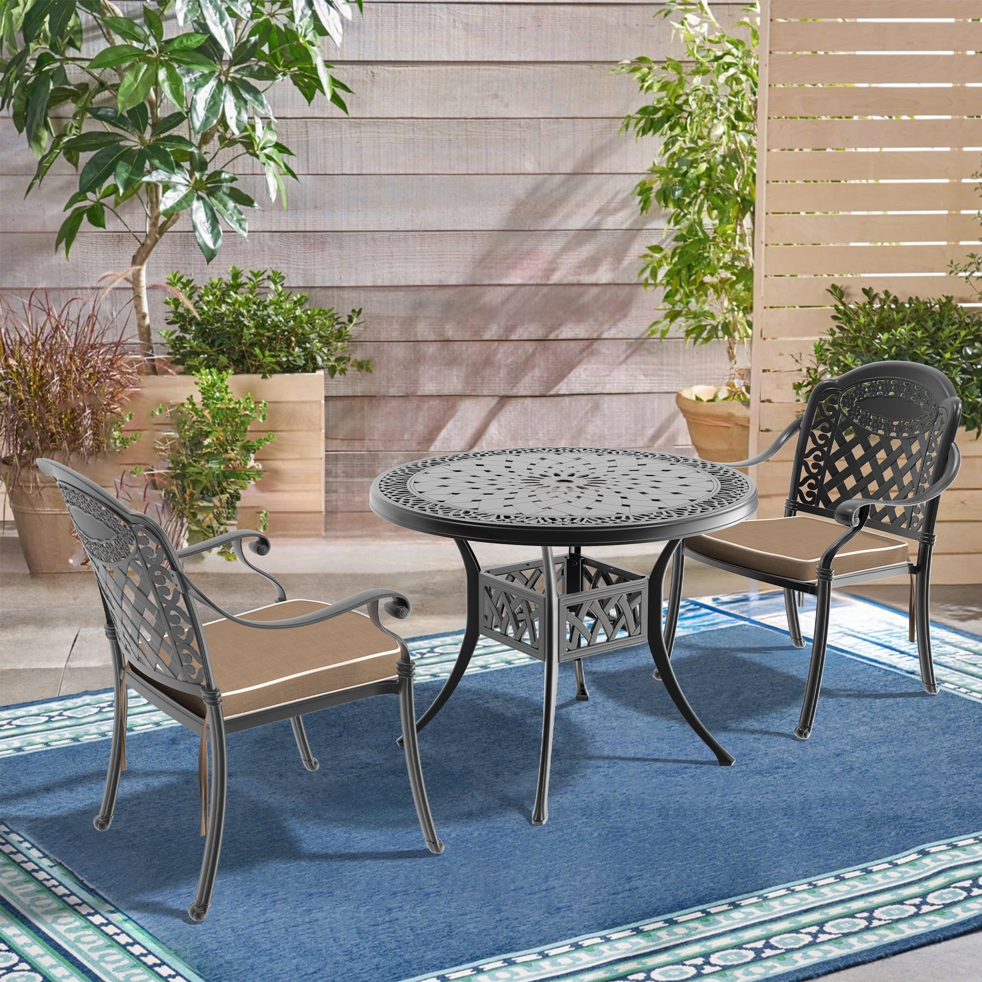 Hzzkey 3-Piece Round Cast Aluminum Patio Set , Random Color Cushions , Umbrella Hole , Black ...