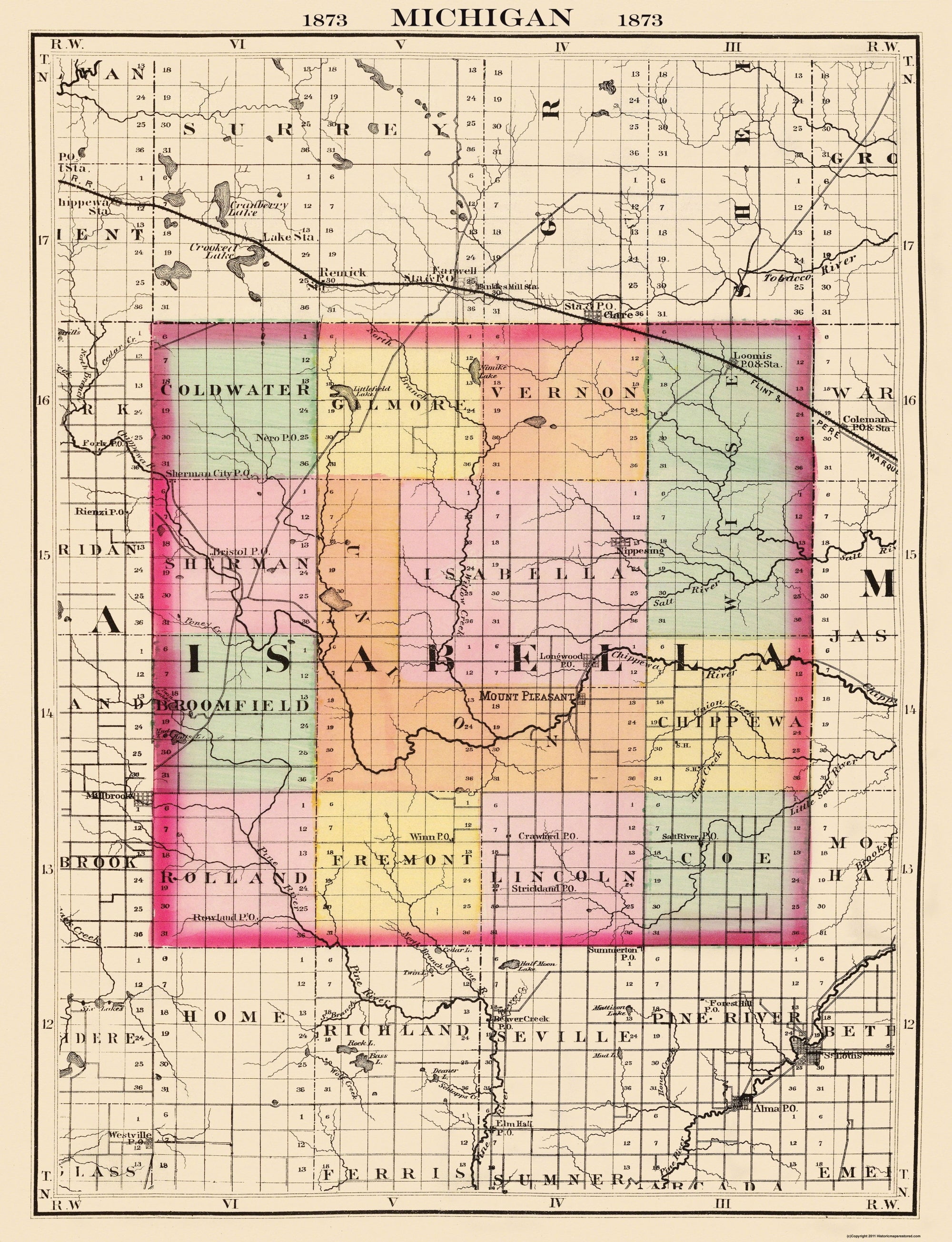 Historic County Map - Isabella County Michigan - Walling 1873 - 23 x 30 ...