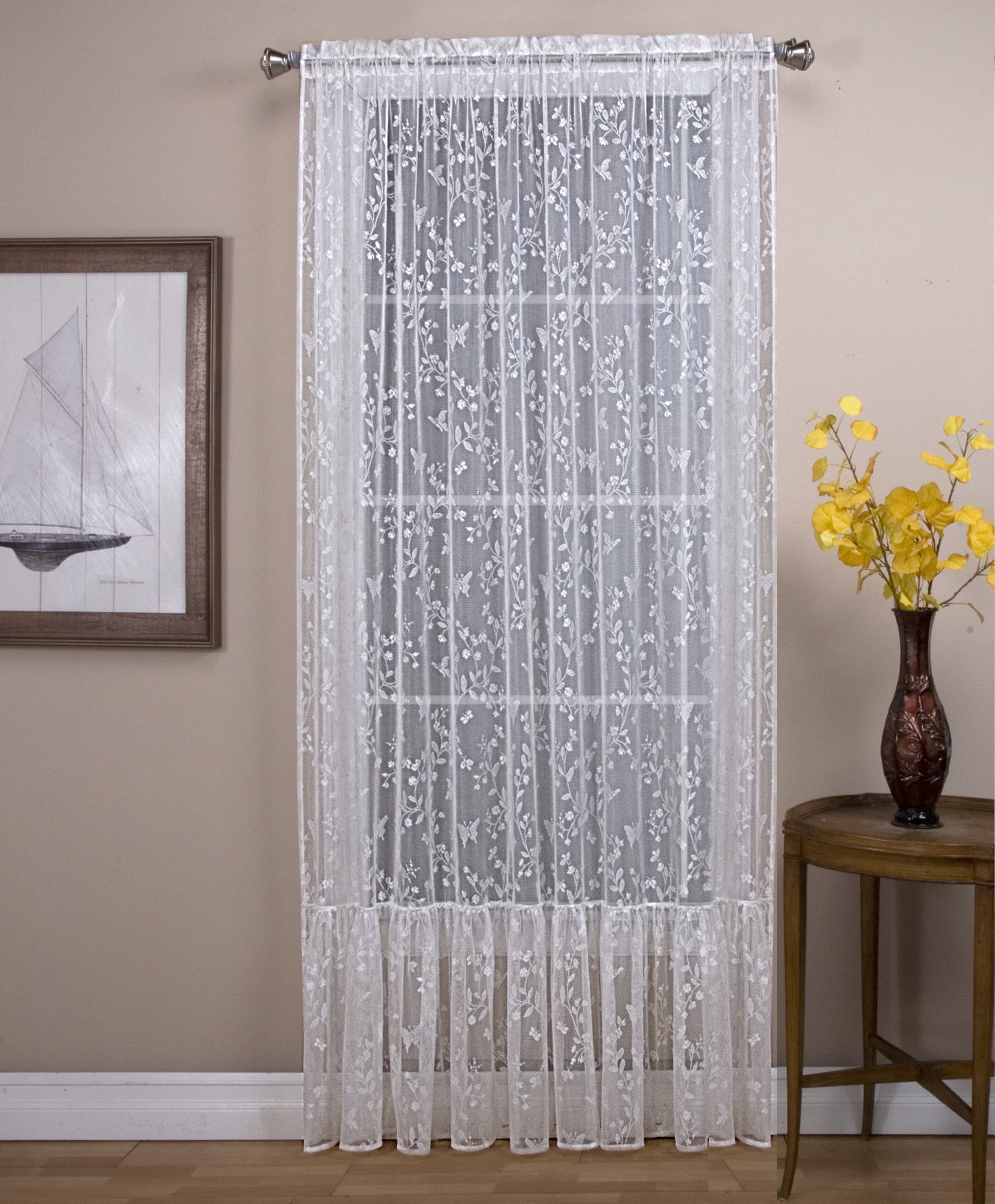 Isabella Lace Rod Pocket Panel w/18" Ruffle & Tie Back 54x96 White ...