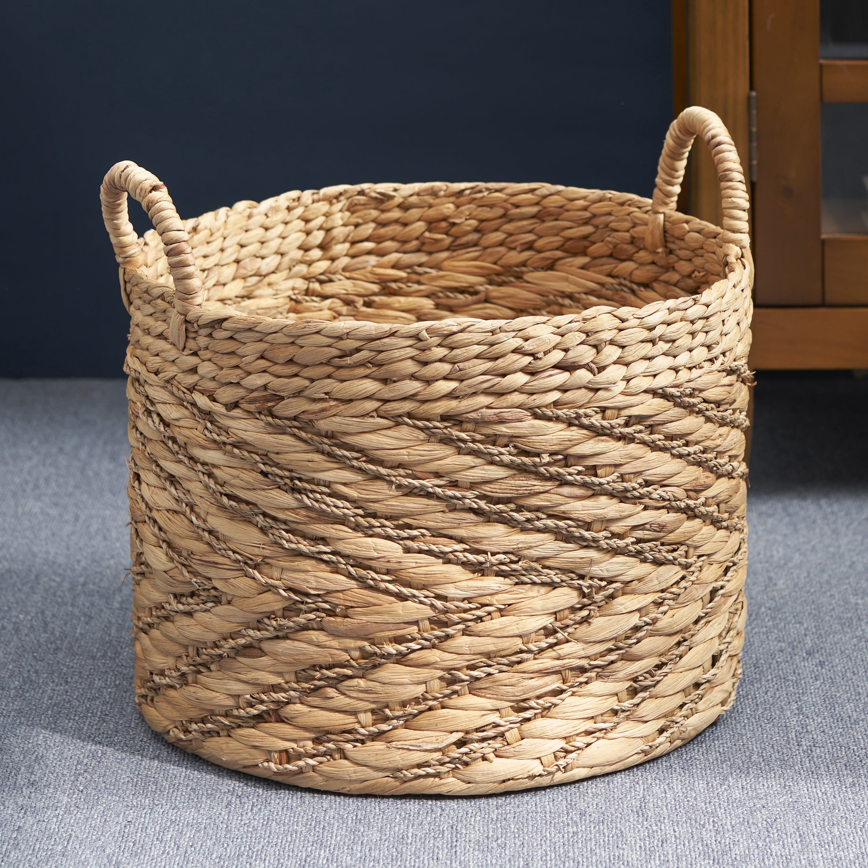 Isidore Round Water Hyacinth Seagrass Woven Basket with Handles - 15" x ...