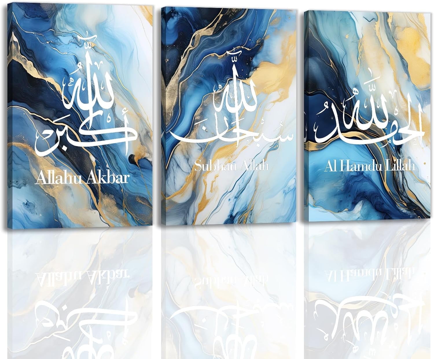 Islamic Arabic Calligraphy Wall Art 3 Panel Abstract Blue Gold And ...