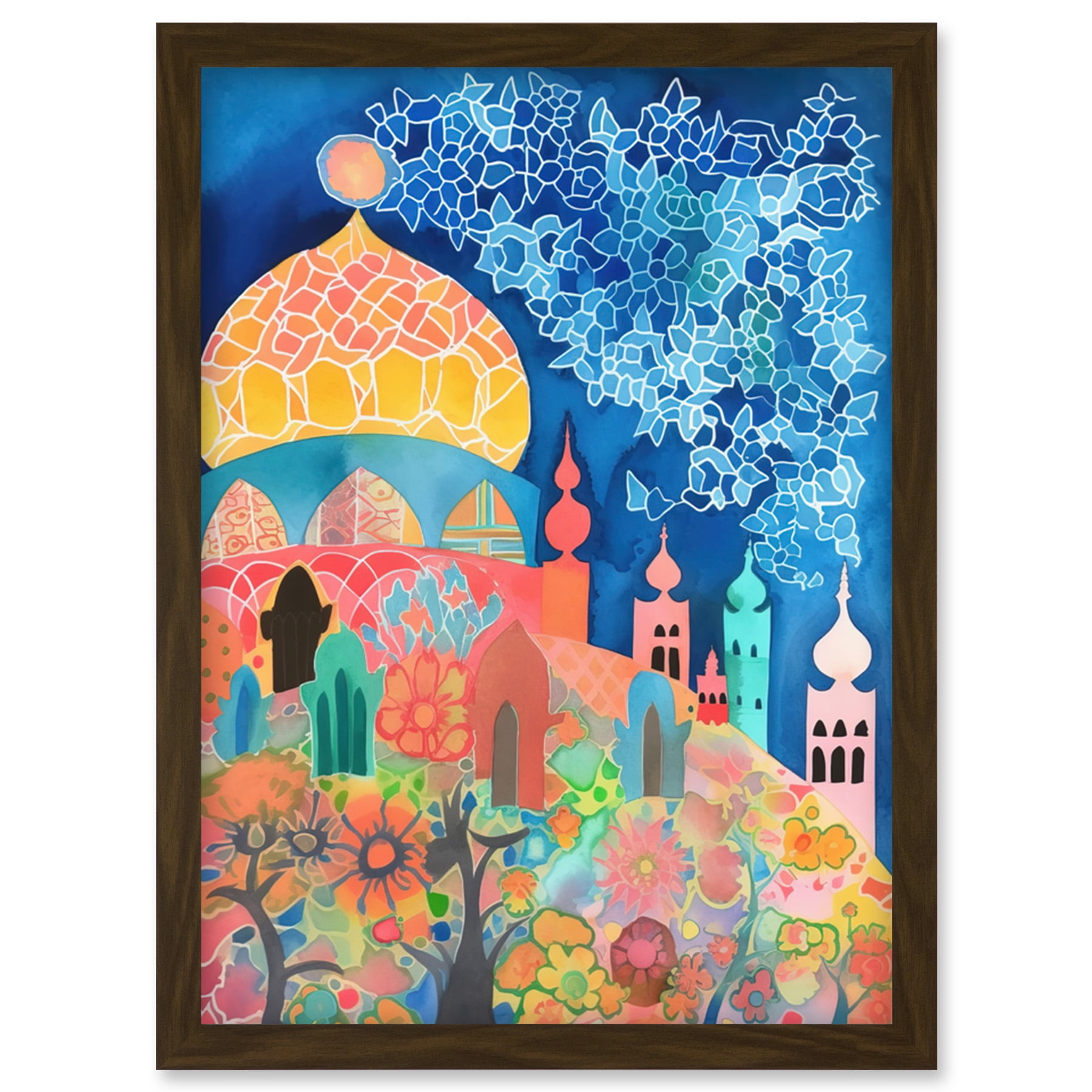 Islamic Mosque At Night Folk Art Watercolour Painting Artwork Framed ...
