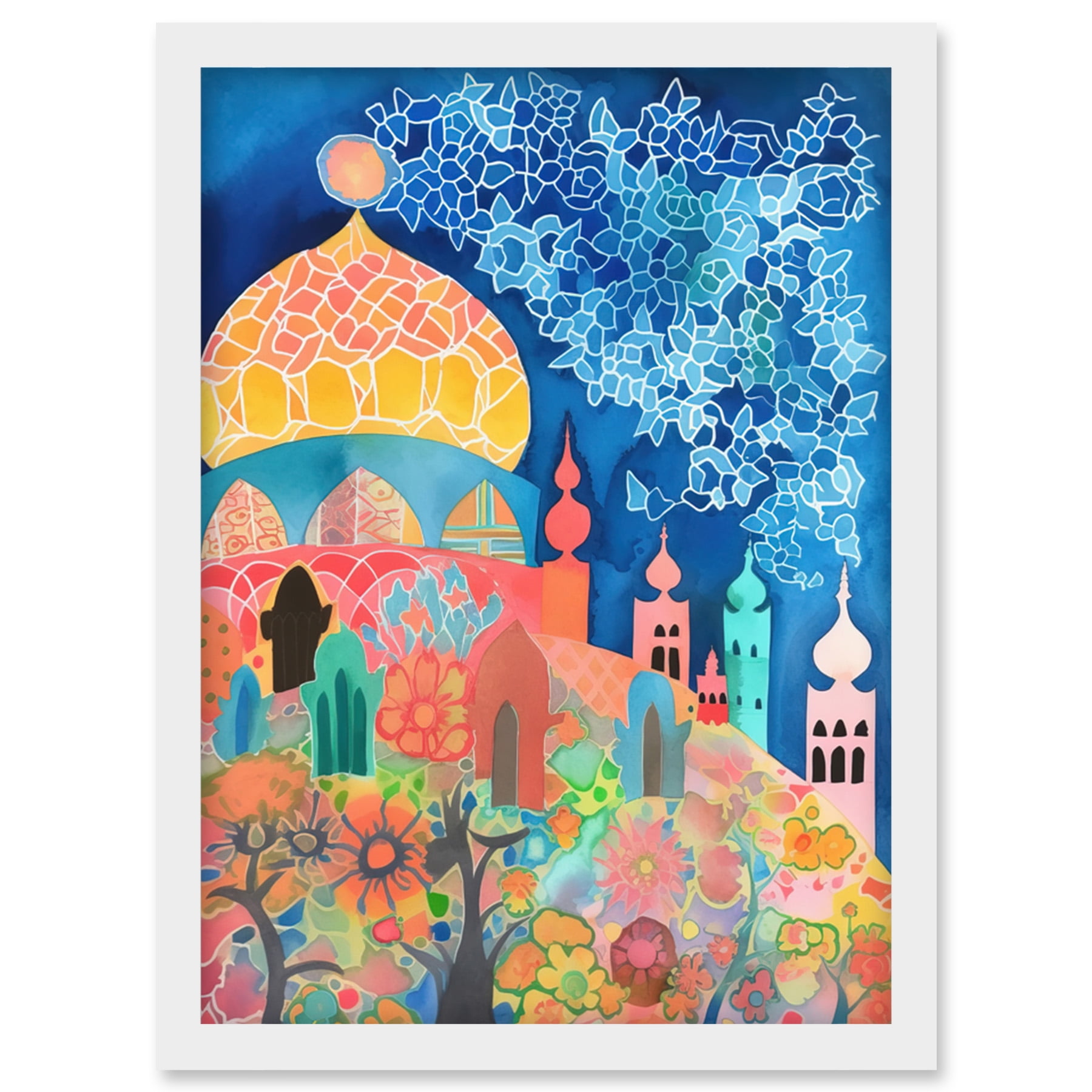 Islamic Mosque At Night Folk Art Watercolour Painting Artwork Framed ...