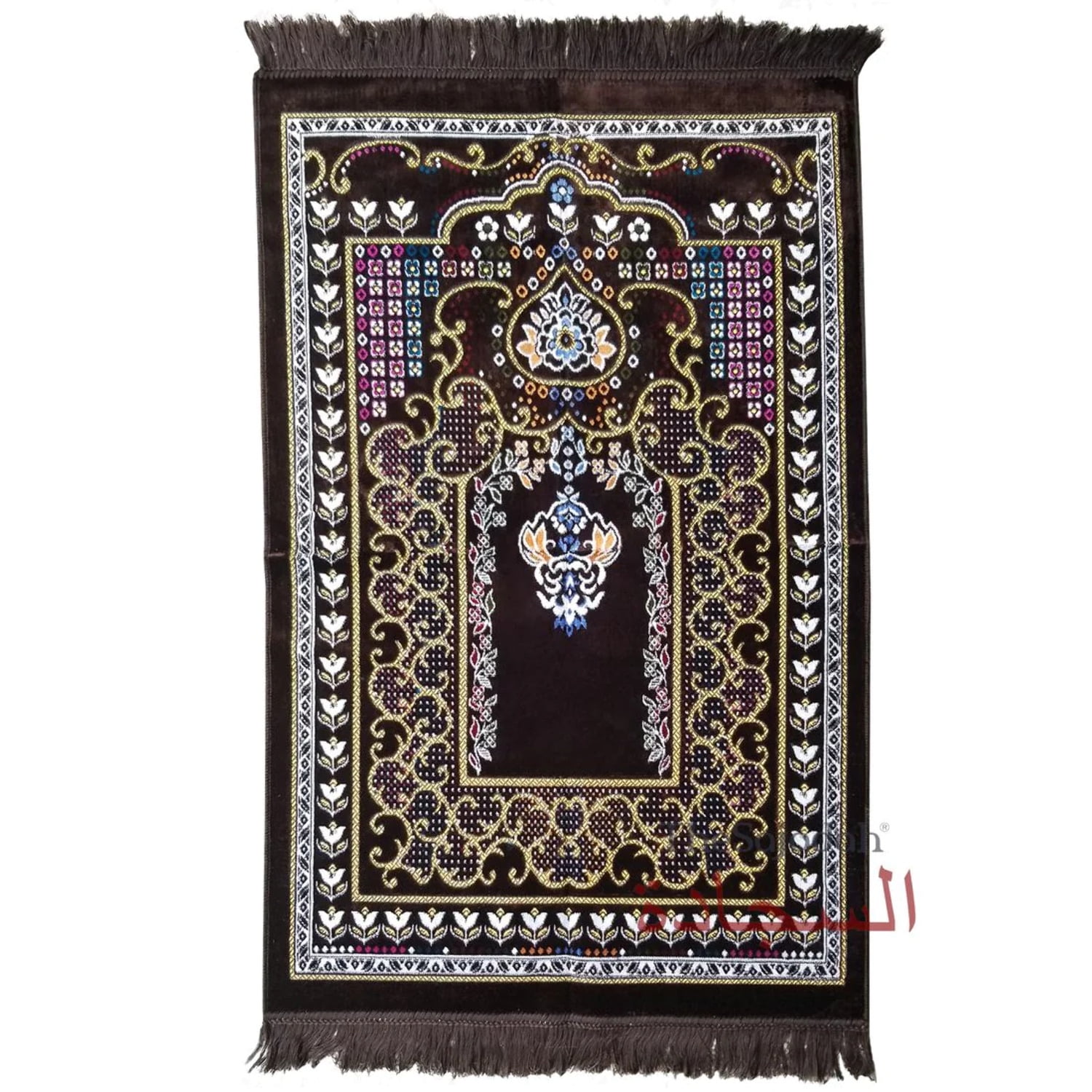 Islamic Prayer Carpet – Dark Brown Colorful Mehrab Flowers Ja Namaz Salah Carpet Embossed Velvet ...