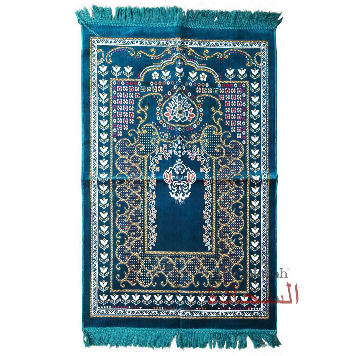 Islamic Prayer Carpet – Dark Teal Blue Colorful Mehrab Flowers Ja Namaz ...