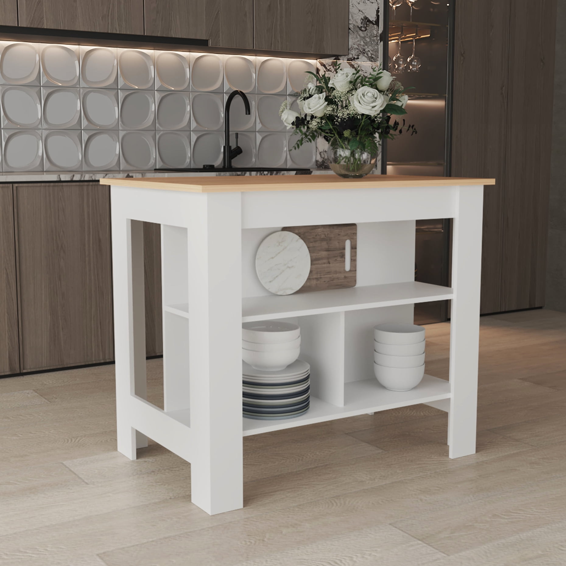 Island 35.4" High With 3 Shelves, White/ Pine Design. Ample Space For ...