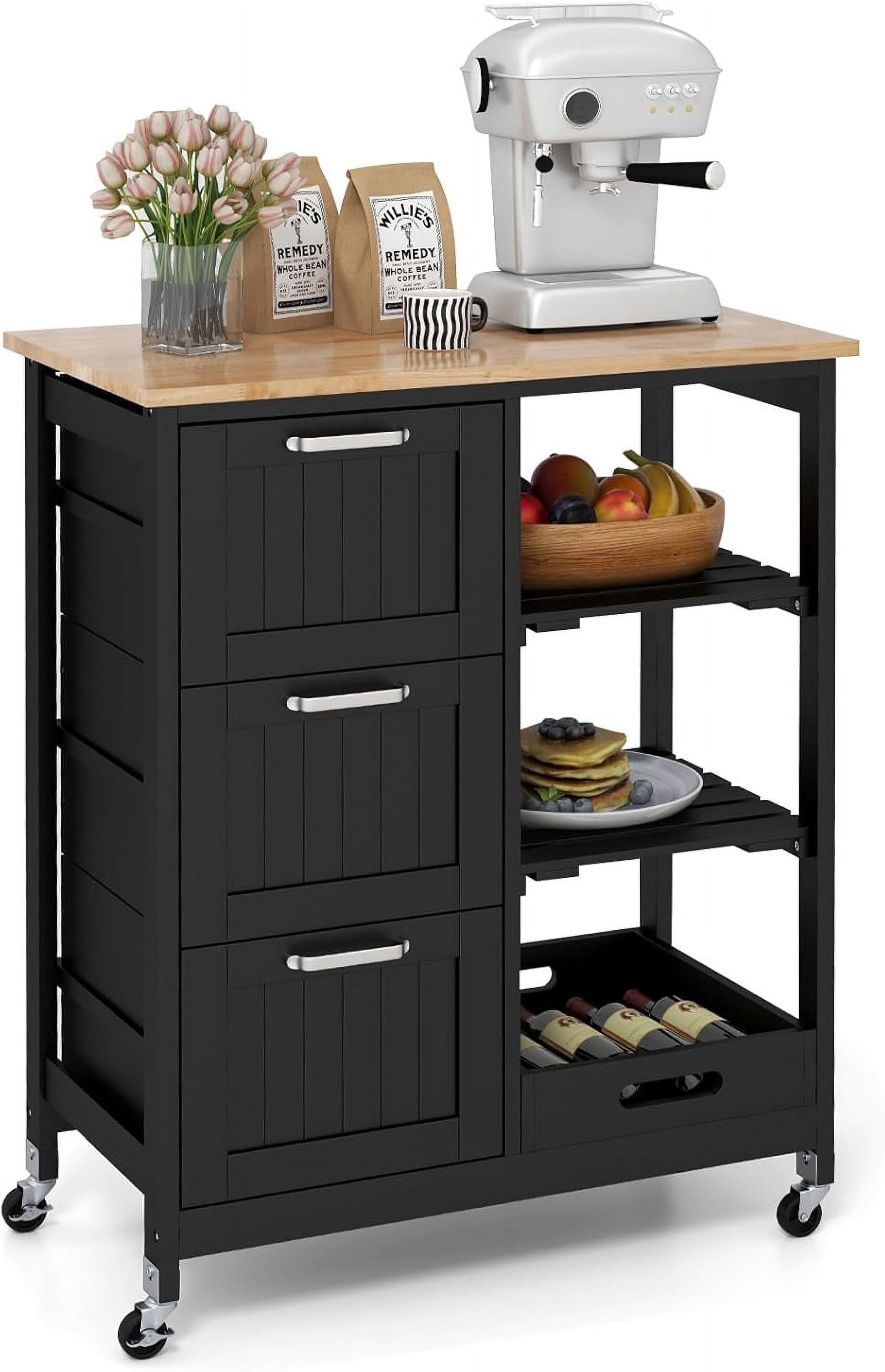 Island Cart on Wheels w/Storage Utility Cart w/Rubber Wood Top 2 ...