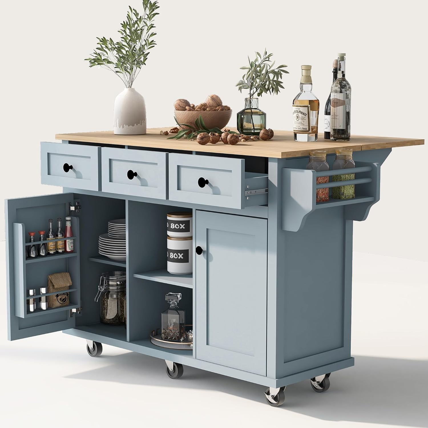 Island Cart with Drop Leaf Island on Wheel with 3 Drawer and Internal ...