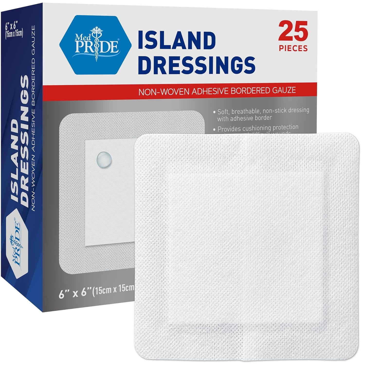 MED PRIDE Bordered Gauze Island Dressing 6” × 6” – 25-Pack Sterile ...