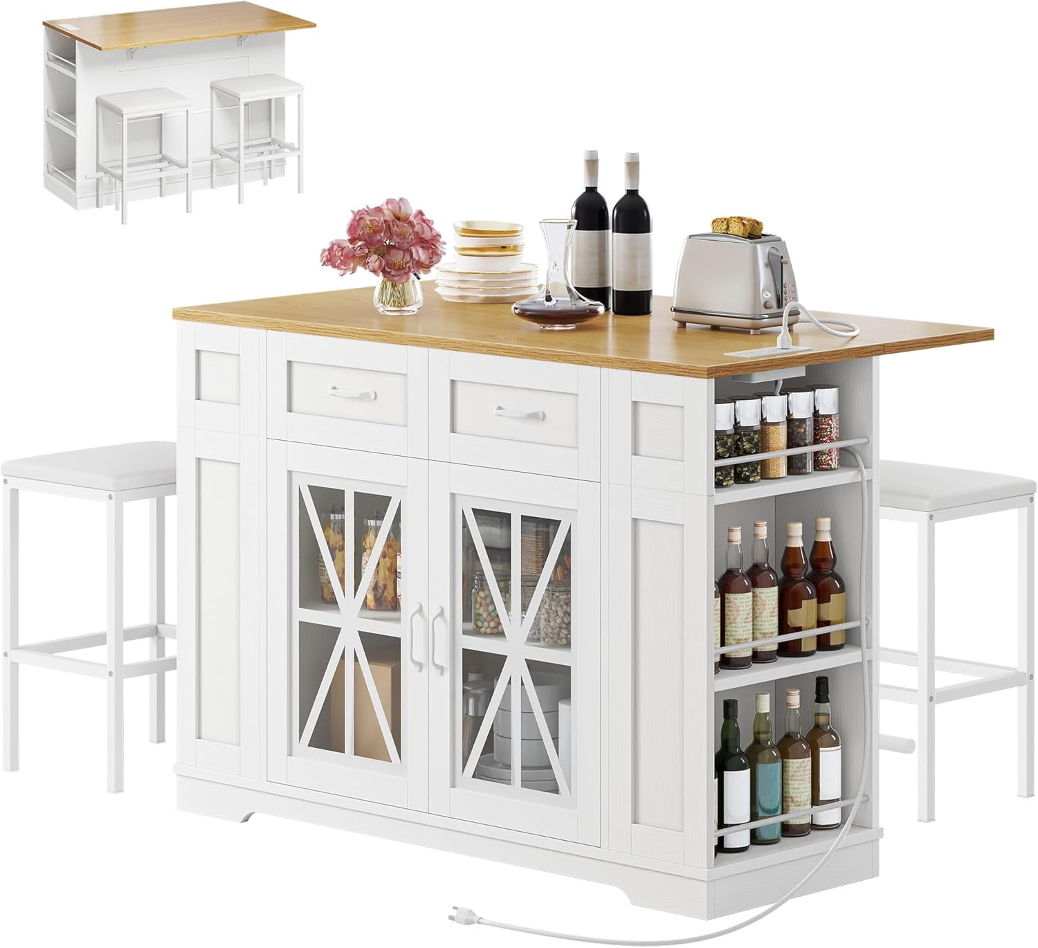 Island with Drop Leaf & 2 Bar Stools Large Island with Storage and 47 ...