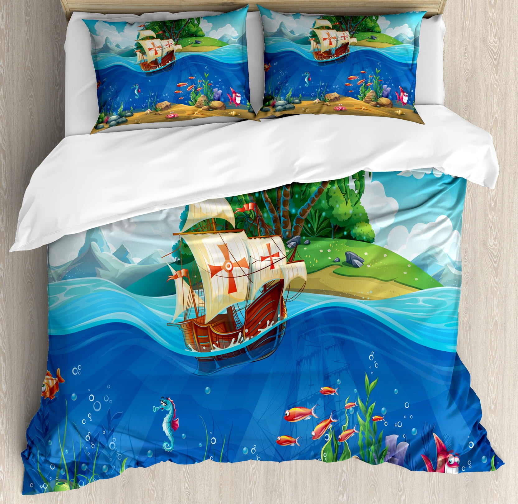 Island Duvet Cover Set, Cartoon Depiction of Island and Underwater with ...