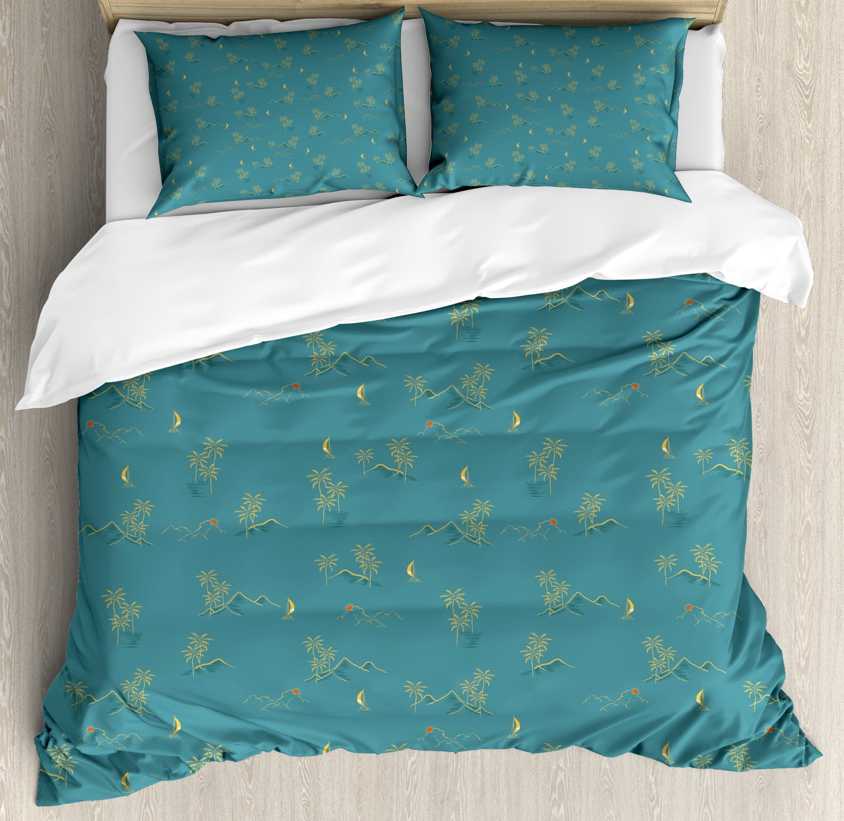 Island Duvet Cover Set, Summer Tropical Palm Trees and Sailing Boats ...