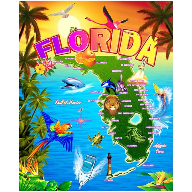 Island Gear Florida Map 54x68 Cotton Velour Beach Blanket, Fl Map, Size ...