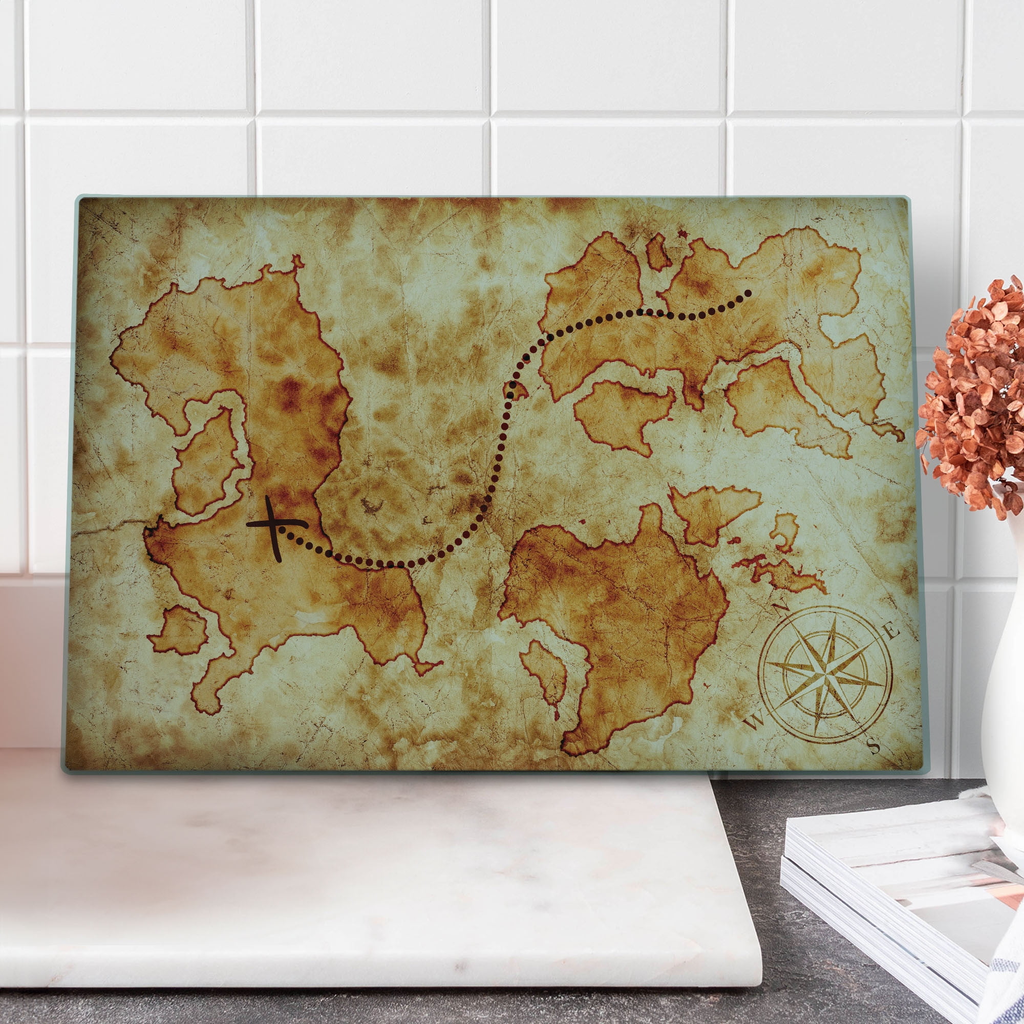 Island Map Cutting Board, Distressed Grunge World Map Wind Rose Compass ...