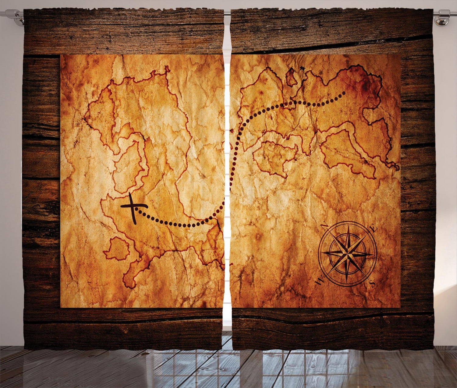 Ambesonne Map Curtains 2 Panel Set, Antique Map Wooden Wall, 108" x 84 ...