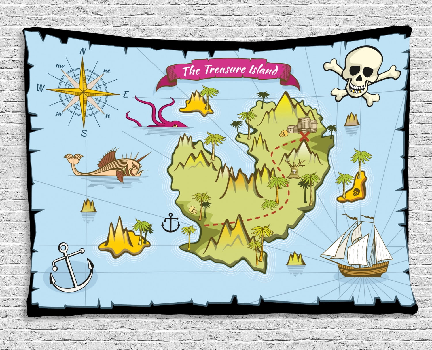 Island Map Decor Tapestry, Treasure Island Skul Nautical Design Pirate ...