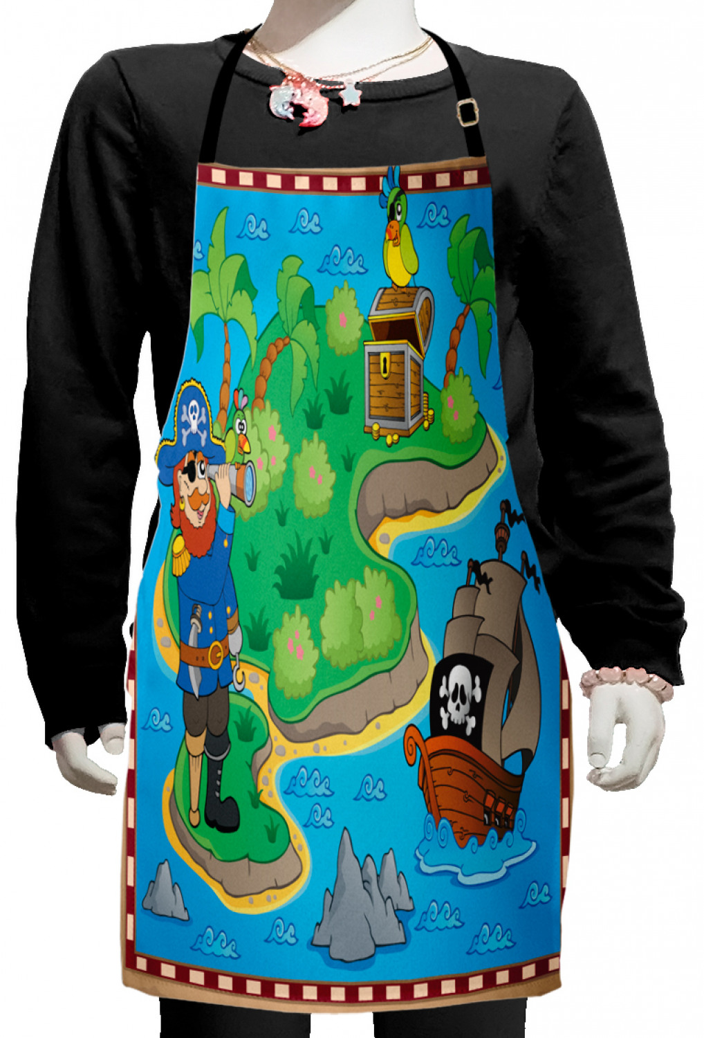 Island Map Kids Apron, Funny Cartoon of Treasure Island with a Pirate ...
