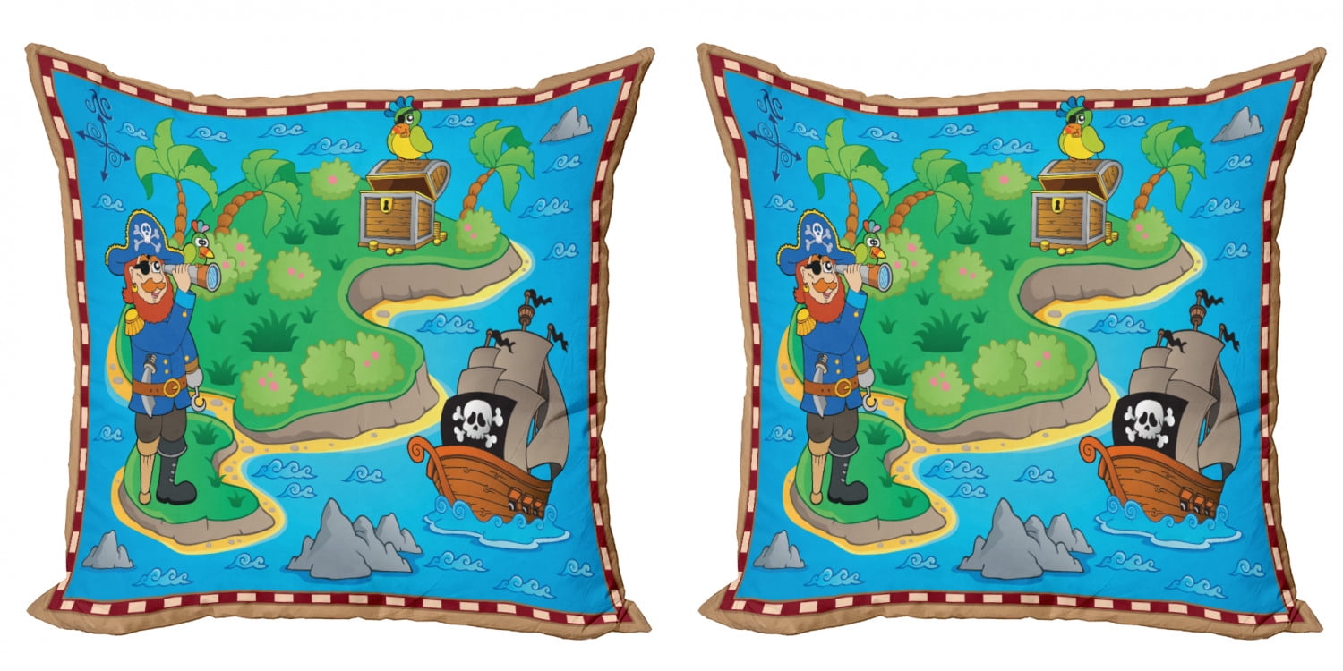 Ambesonne Cartoon Throw Pillow Cover 2 Pack, Funny Pirate Ship Island ...