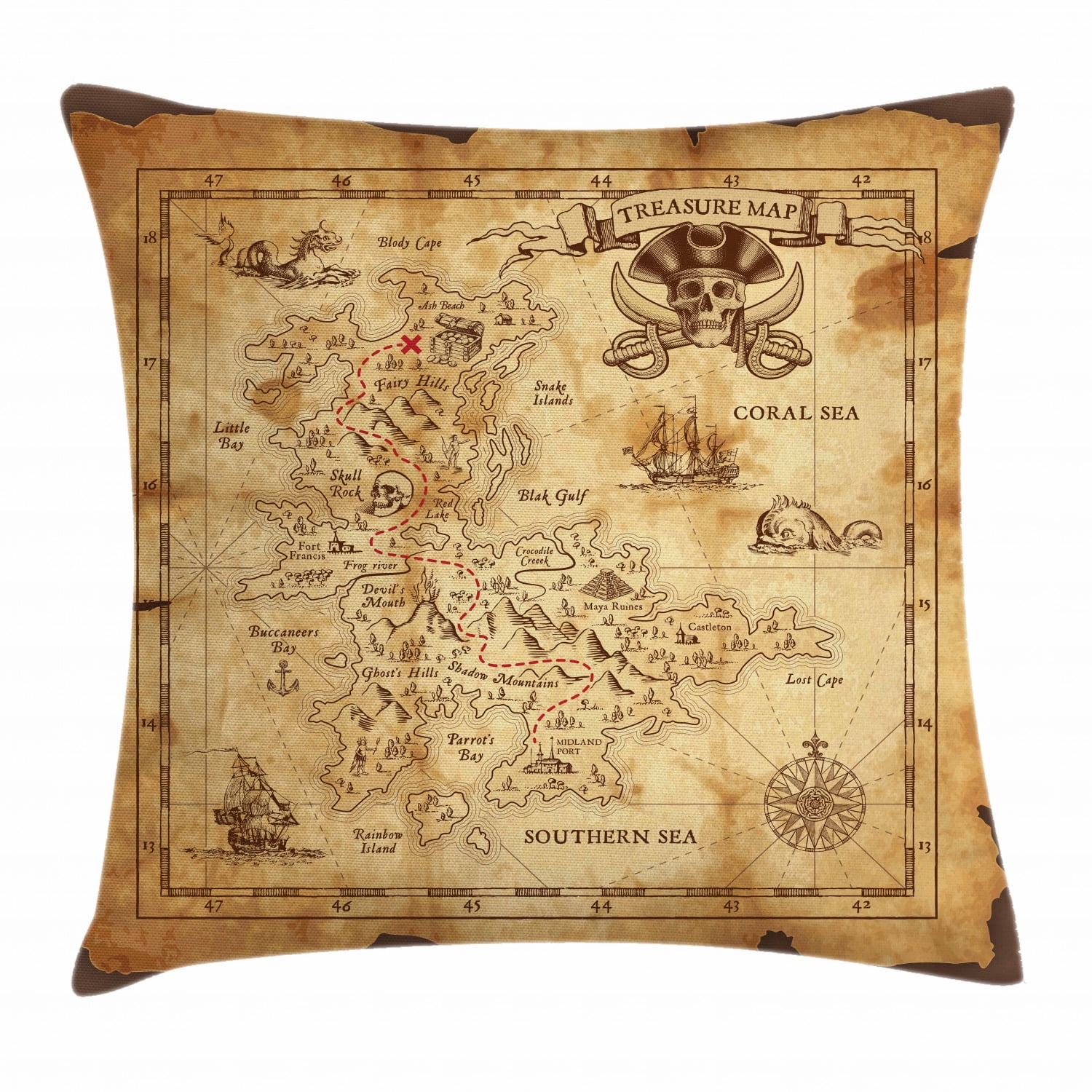 Island Map Throw Pillow Cushion Cover, Super Detailed Treasure Map ...