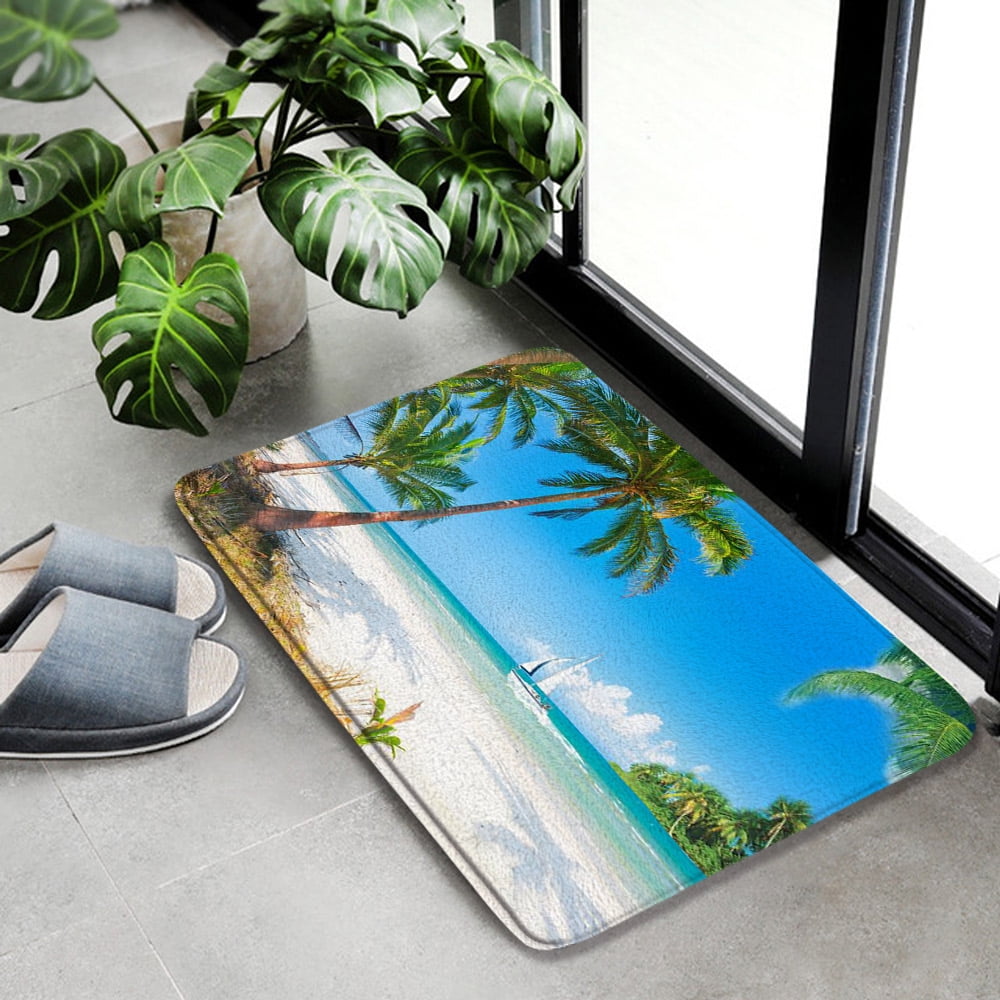 Island Ocean Bath Mat Set Beach Palm Trees Plants Summer Nature Scenery ...