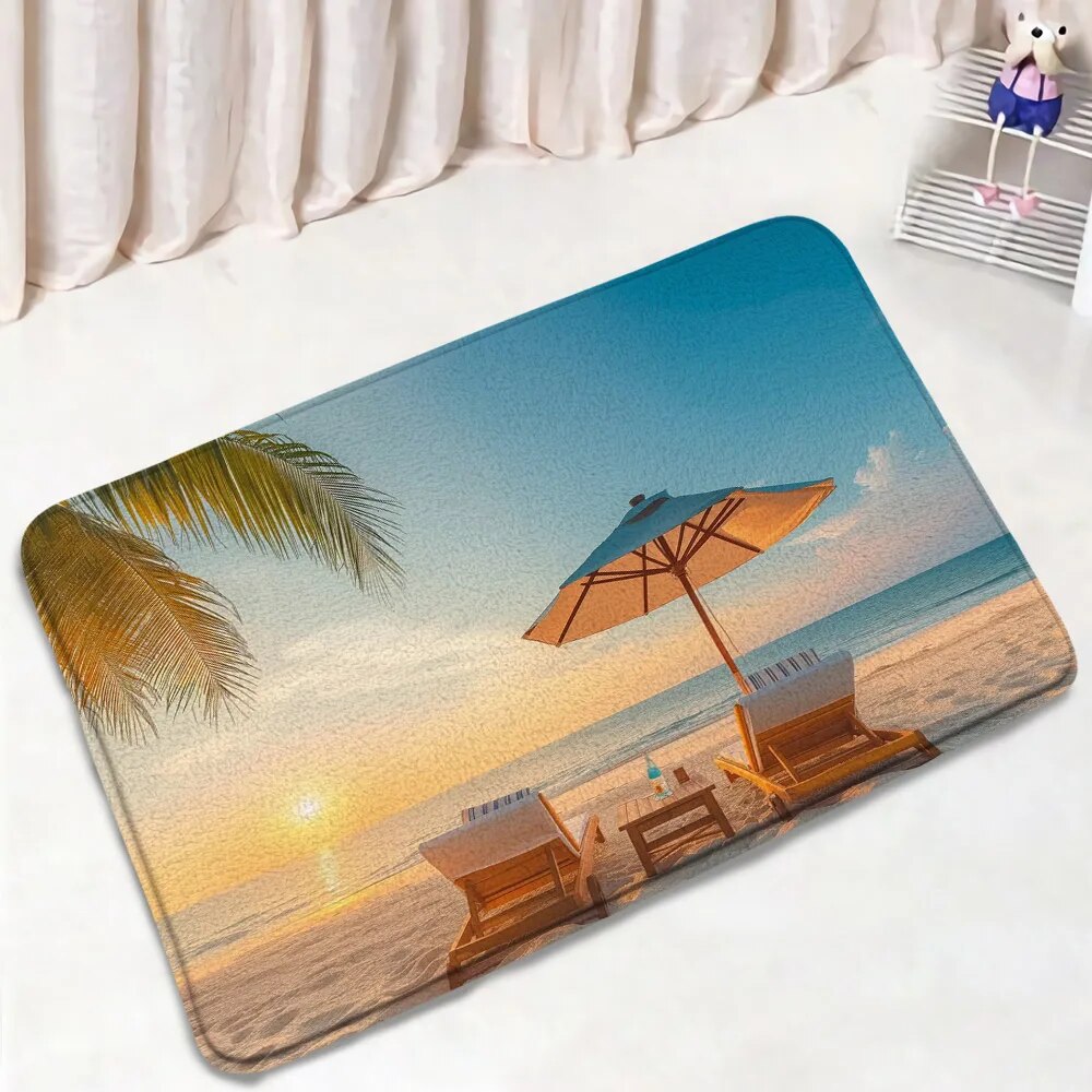 Island Ocean Bath Mat Set Sailboat Dusk Beach Coconut Tree Surfboard ...