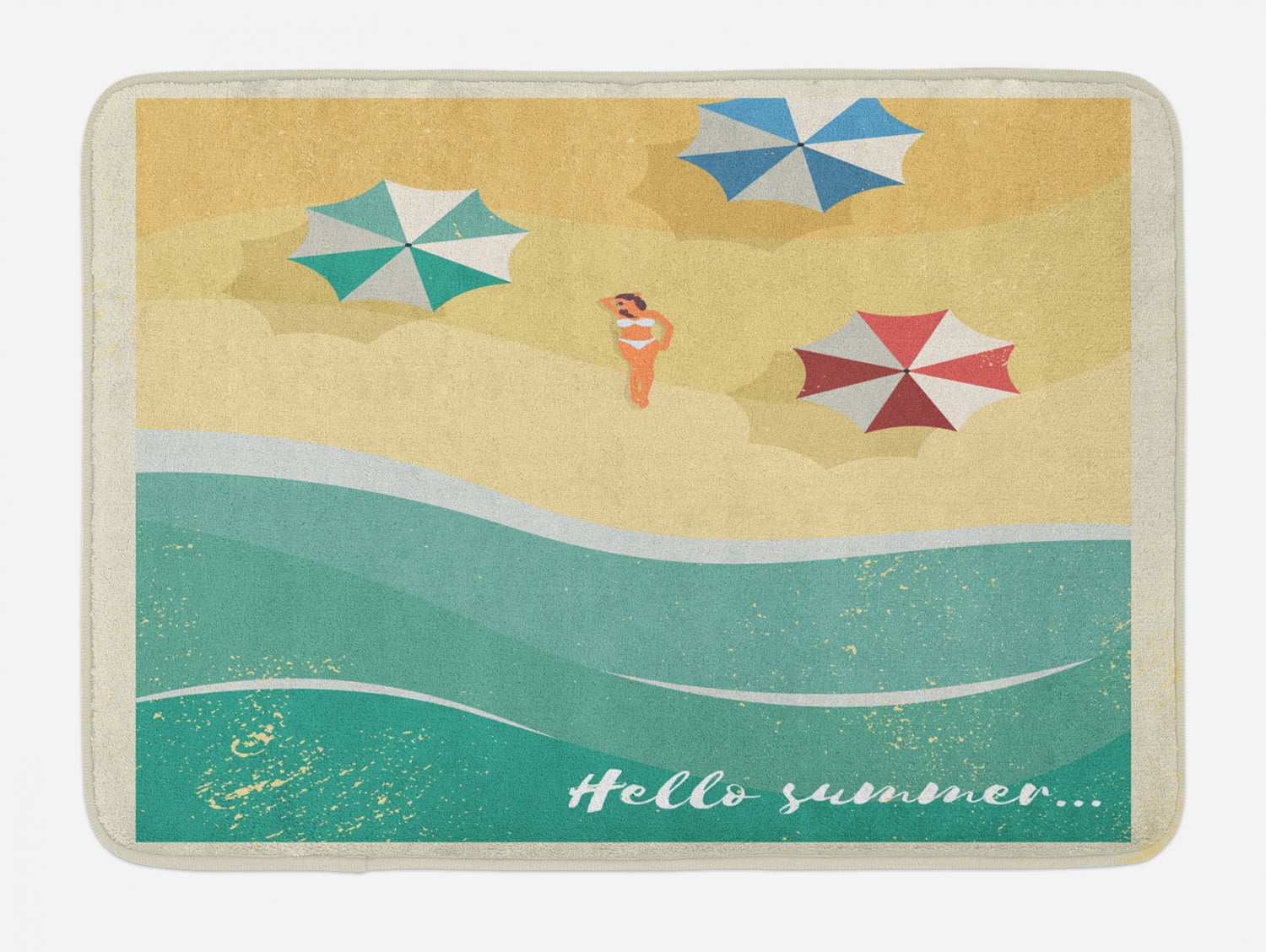 Island Party Bath Mat, Woman Sunbathing Hello Summer Words Sandy Beach ...