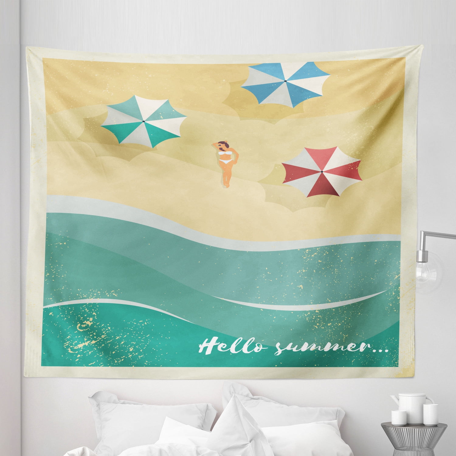 Island Party Tapestry, Woman Sunbathing Hello Summer Words Sandy Beach ...
