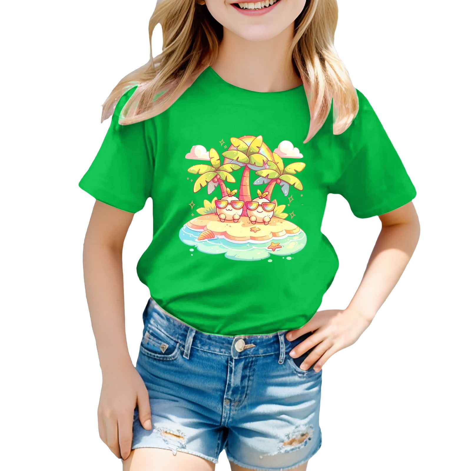 Island Print Casual Tee For Girls Comfortable Fashion Top Beach And ...