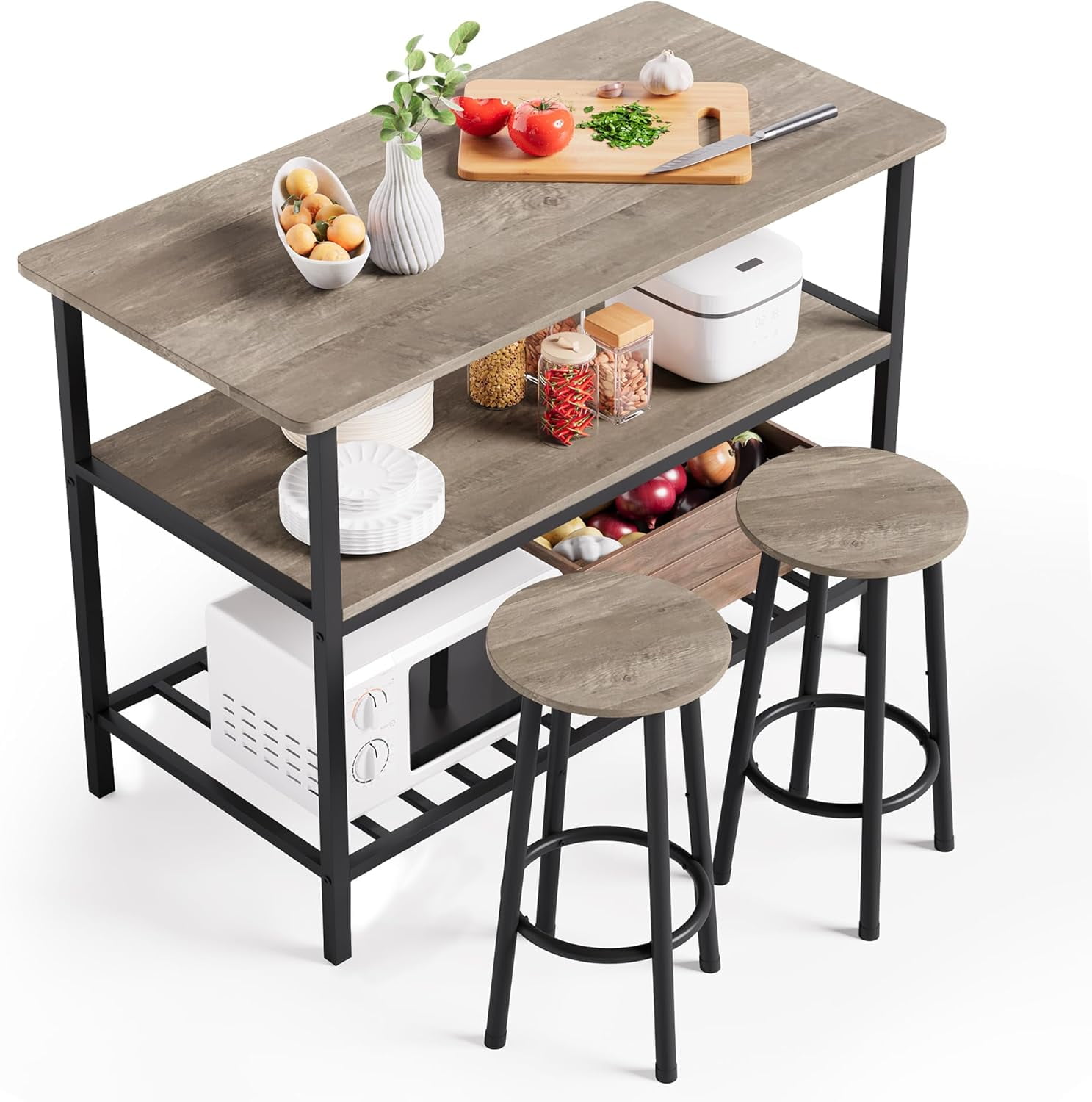 Island Table with Seating and Storage, Stationary Kitchen Storage ...