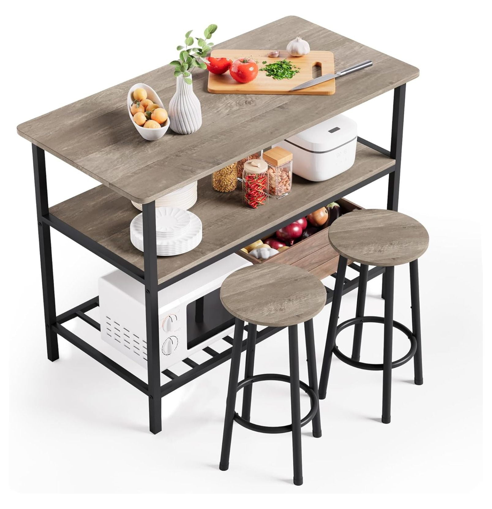 Island Table with Seating and Storage, Stationary Kitchen Storage ...