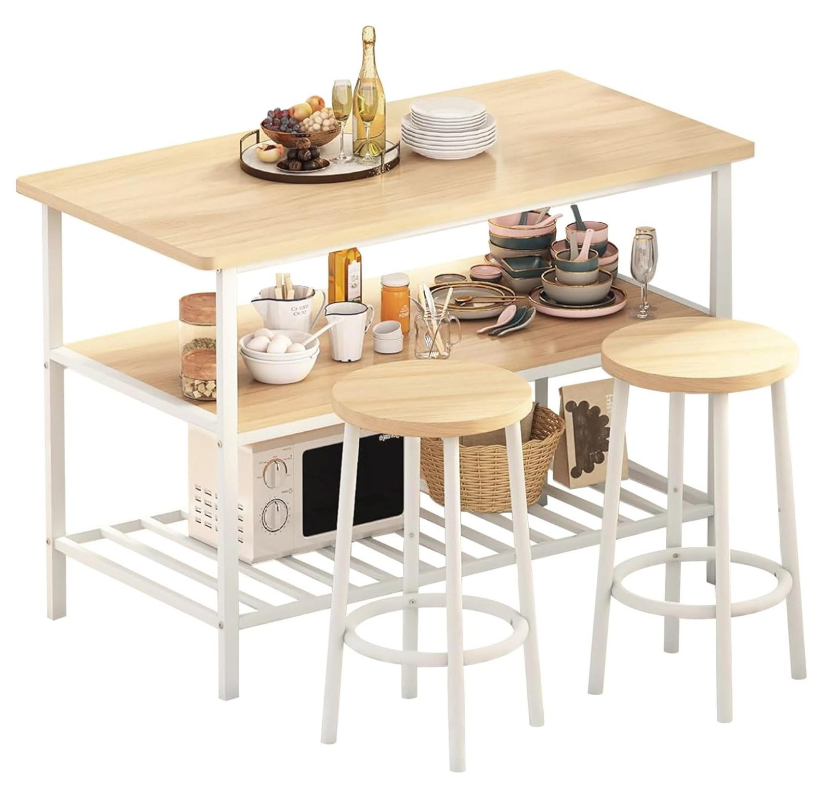 Island Table with Seating and Storage, Beige, 3 Shelves, Wooden Counter ...