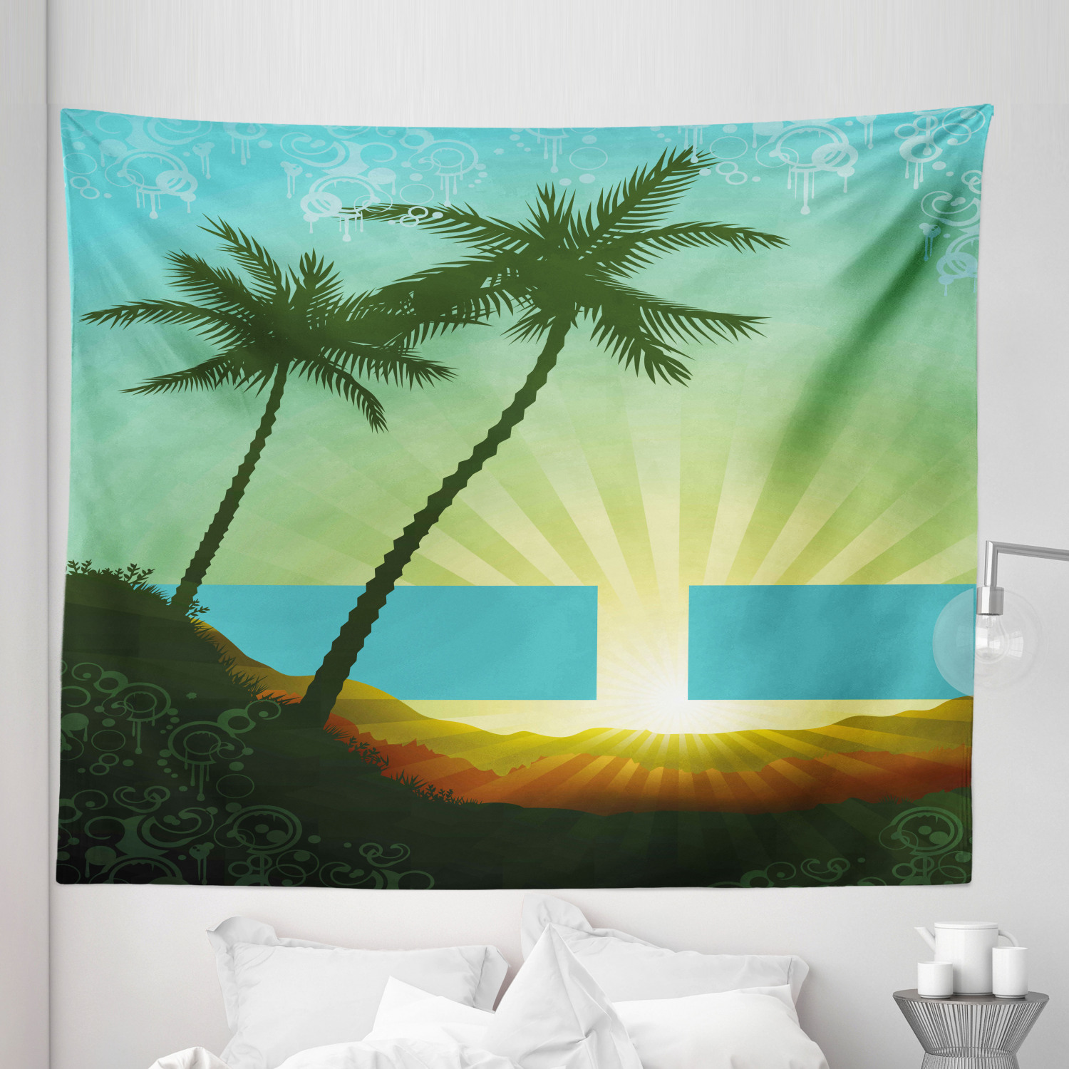 Island Tapestry, Sunrise in a Tropical Place and Palm Trees Silhouettes ...