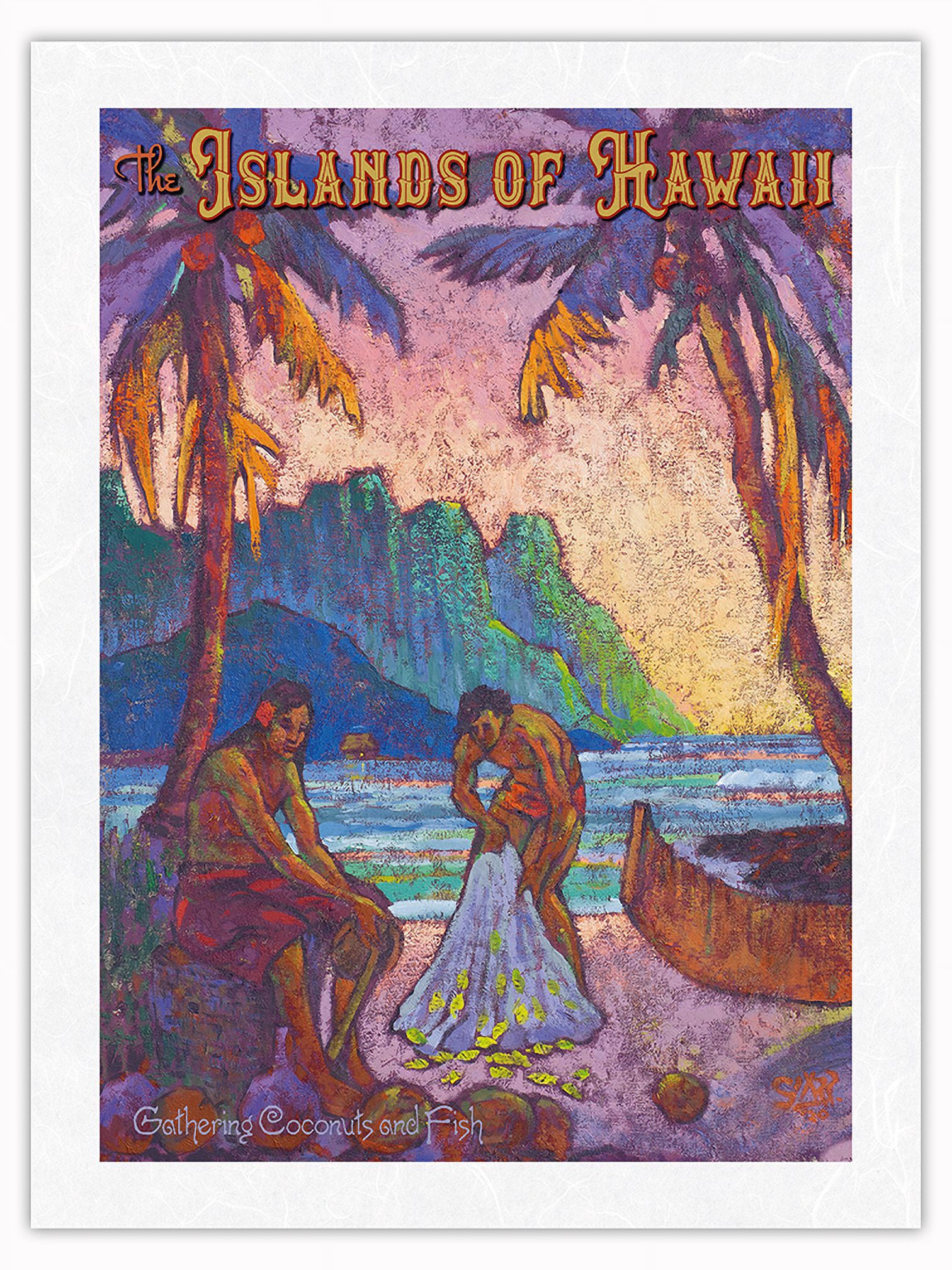 Islands of Hawaii - Gathering Coconts and Fish - Vintage Hawaiian ...