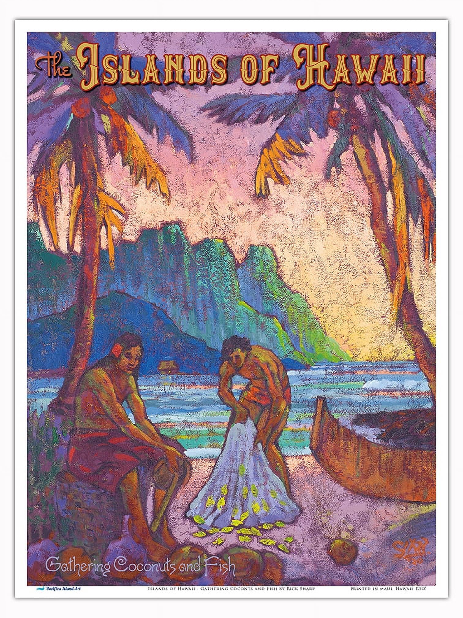 Islands of Hawaii - Gathering Coconts and Fish - Vintage Hawaiian ...
