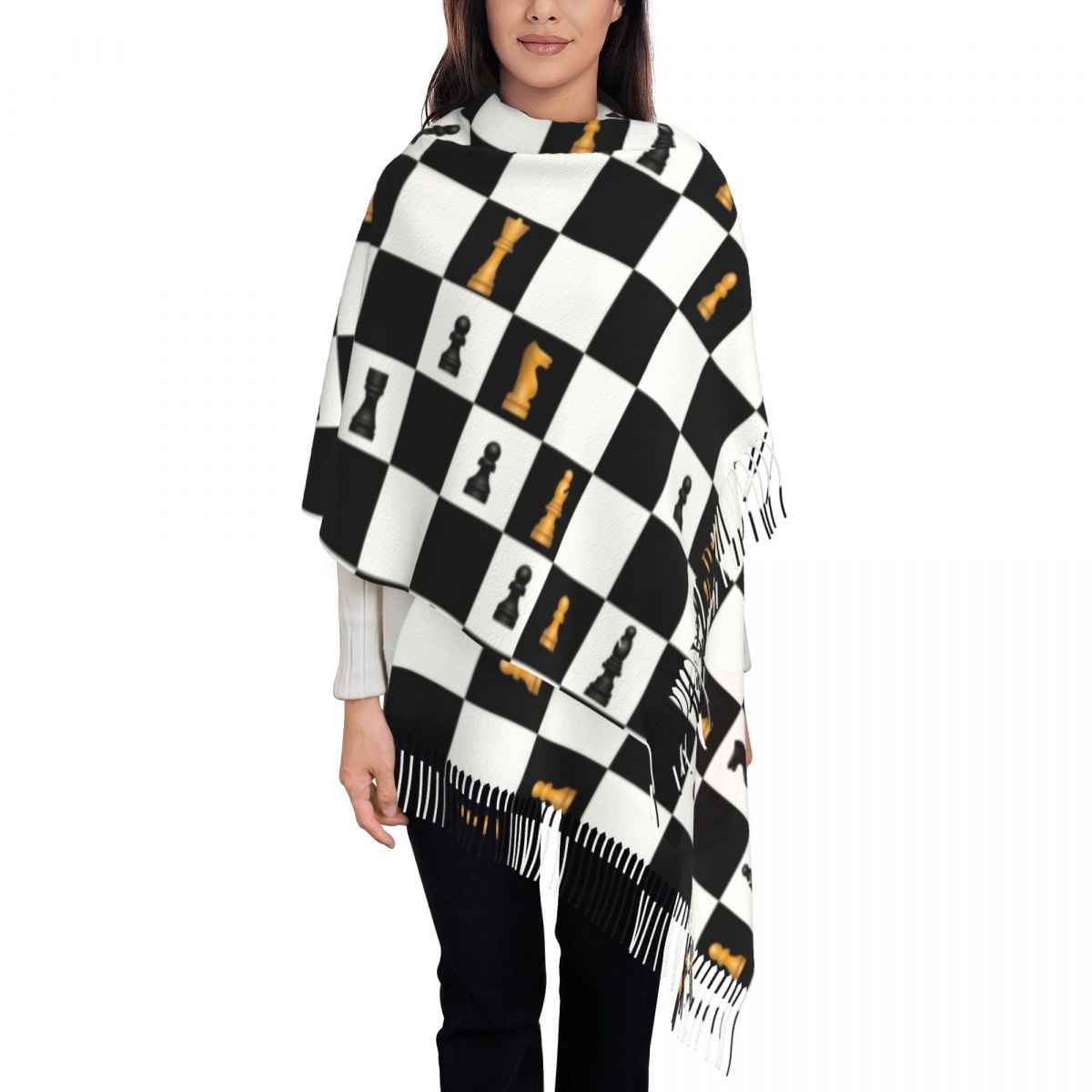 Isometric Chess White Tassel Scarf Women Soft Checkmate Game Shawls Wraps Female Winter Scarves