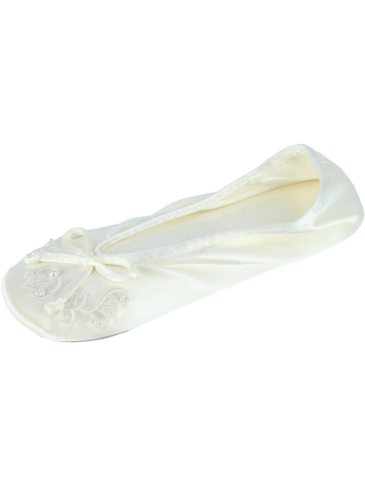 Isotoner womens Satin Ballerina Slippers With Embroidered Pearl Ballet ...