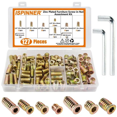 Ispinner 127Pcs 1/4"-20, 5/16"-18 Furniture Screw-In Nut Threaded Wood ...