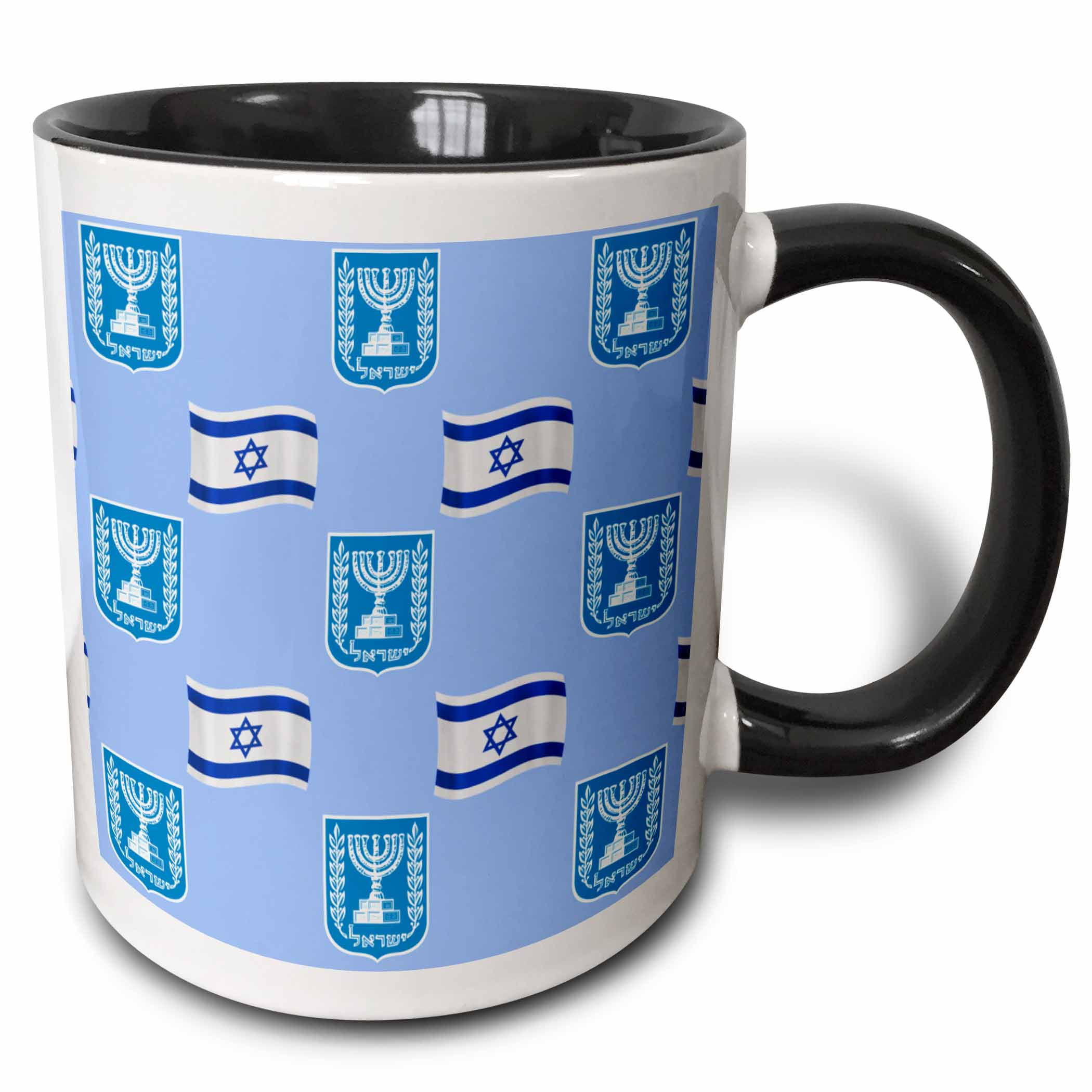 Israel flag and emblem pattern on a light blue background. 11oz Two ...
