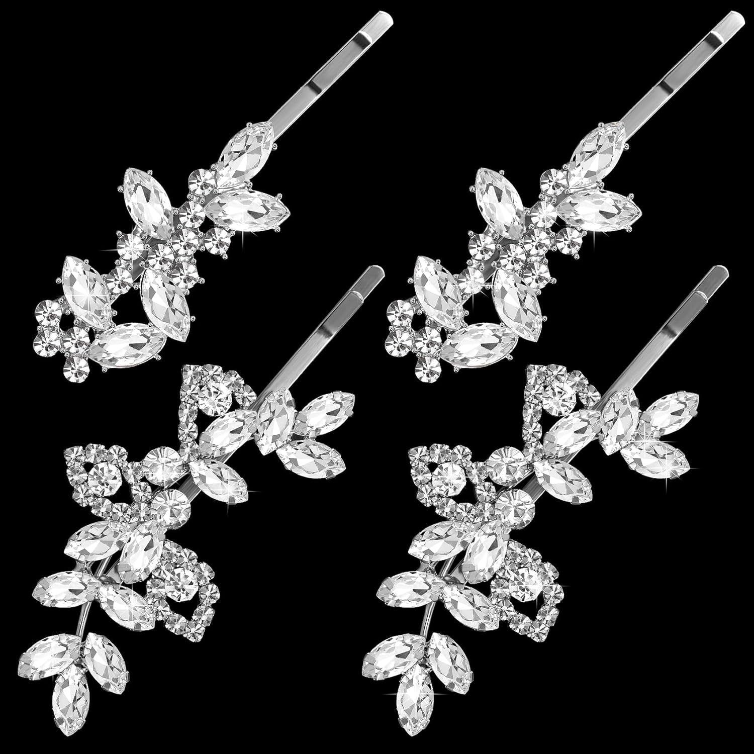 Isslly 4PCS Silver Rhinestones Hair Clips – Bridal Crystal Hair Pins in Leaf Design, French ...