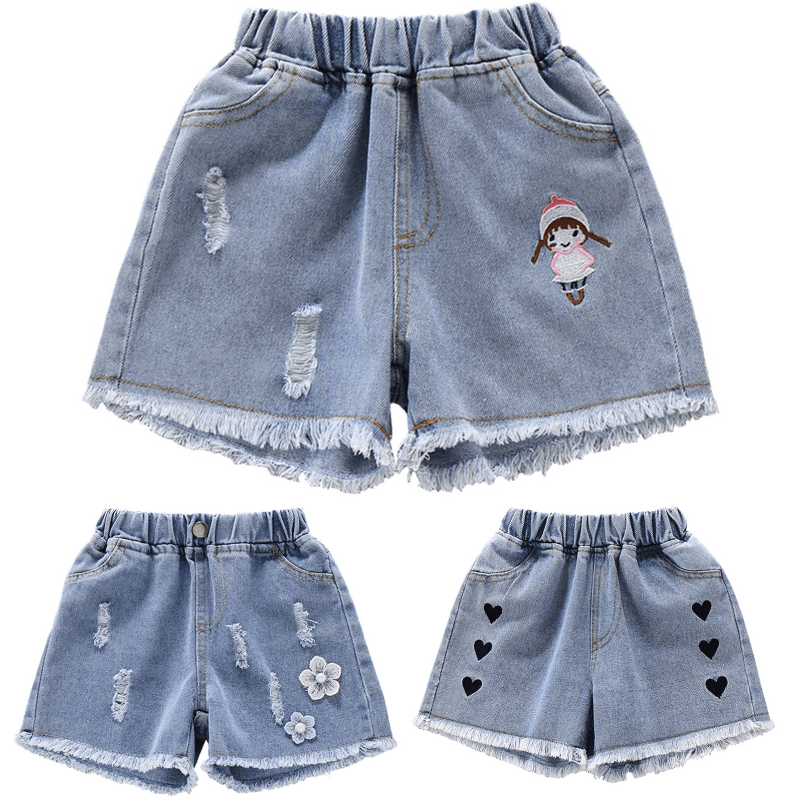 Pounoo New Jean Shorts Girls Loose Print Summer Little&Big Shorts Jeans ...