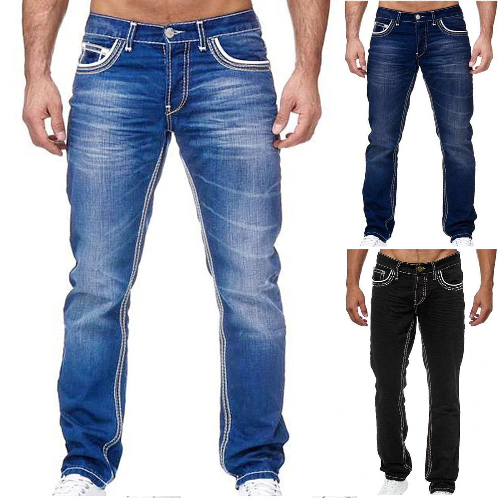 Pounoo New Jeans for Men Relaxed Fit Fashion Comfort Waist Straight ...