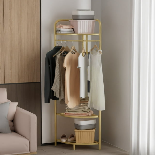 Isyunen Corner Coat Rack with 2 Shelves, Freestanding Closet Organizer ...