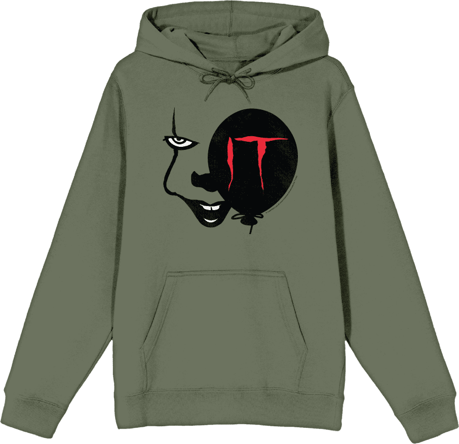 It Chapter 2 Enlarged Pennywise Face Adult Olive Long Sleeve Hoodie-3XL ...